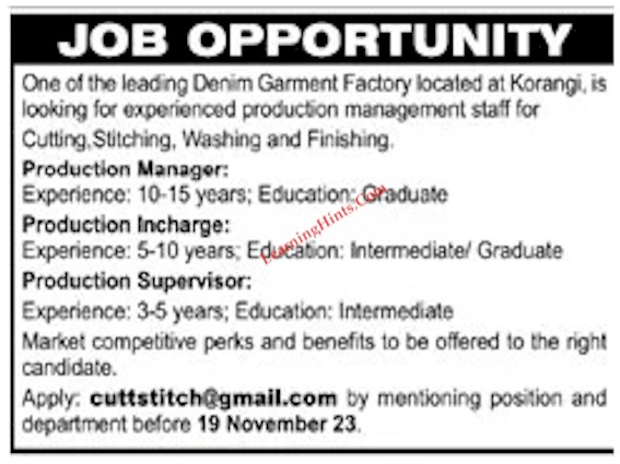 Job of Leading Denim Garment Factory Korangi