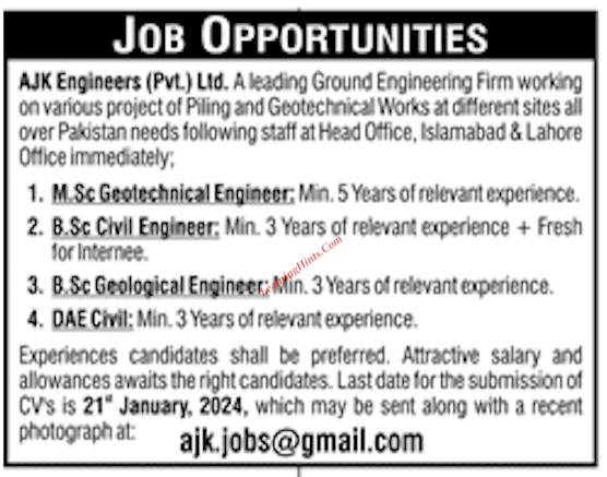 Jobs in AJK Engineers (Pvt.) Ltd Islamabad & Lahore Office