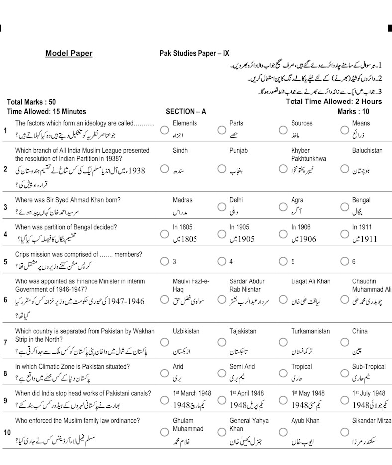 Pak Studies Objective 9th Class